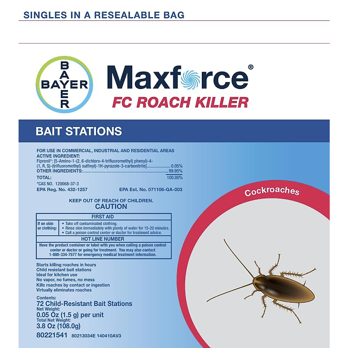 Maxforce FC Roach Bait Stations 72 Count | Premium USA Supply Gloves for Safe Eradication | USA Supply Pest ID Card