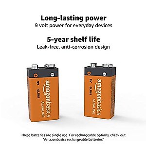 Amazon Basics 24 Units Pack 9 Volt Performance All-Purpose Alkaline Batteries, 5-Year Shelf Life, Easy to Open Value Package