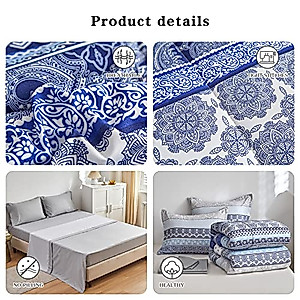 Flysheep Bohemian Striped Bed in a Bag 7 Pieces Queen Size, Boho Blue Grey Geometric Pattern Reversible Bed Comforter Set (1 Comforter, 1 Flat Sheet, 1 Fitted Sheet, 2 Pillow Shams, 2 Pillowcases)