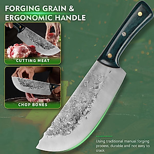 FULLHI 9 PCS Butcher Knife Set with Knife Bag and Sheath - Hand Forged Green handle Chef Knife High Carbon Steel Cleaver Knife Set for Kitchen Camping BBQ