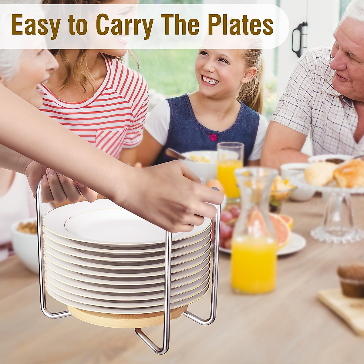 Piconico Plate Holder for Kitchen Drawers - Bamboo Dish Racks for Kitchen Counter 2Pcs Small & Large - Adjust 6.75" to 12.5" Stainless Steel Plate and Bowl Organizer for Cabinet, RV, Countertop