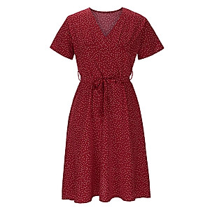 Womens Dresses Summer 2023 Floral Boho V Neck Short Sleeve Wrap Flowy Ruffle Hem Cute Beach A Line Midi Dress Sun Dresses Hawaiian Clothes Summer Wedding Guest Dresses for Women 2023