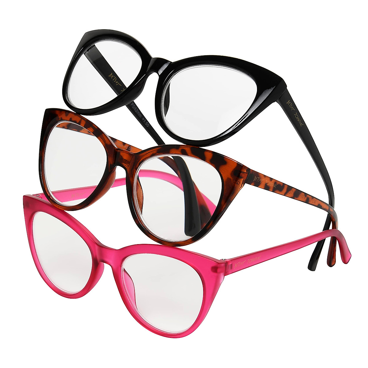 Betsey Johnson Women's Plaid 3 Pack Reading Glasses Cat Eye, Black, Tortoise, Magenta, 1.5X + 1.5