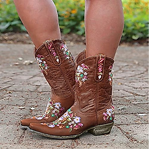 flat heel cowboy boots women retro embroidered cowboy boots chunky block heel side zip white cowgirl booties snow boots
