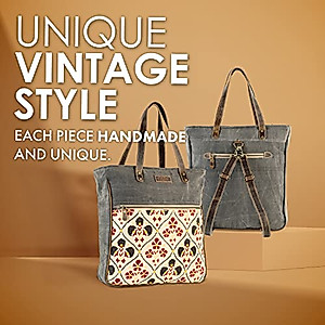 Tote Bags for Women by Sixtease - Large Tote Bag with Zipper Top - Genuine Leather Strap, Upcycled Canvas, Rug, Hair On and Hardware Accents - Vintage Style Hand Stitched - Fossil