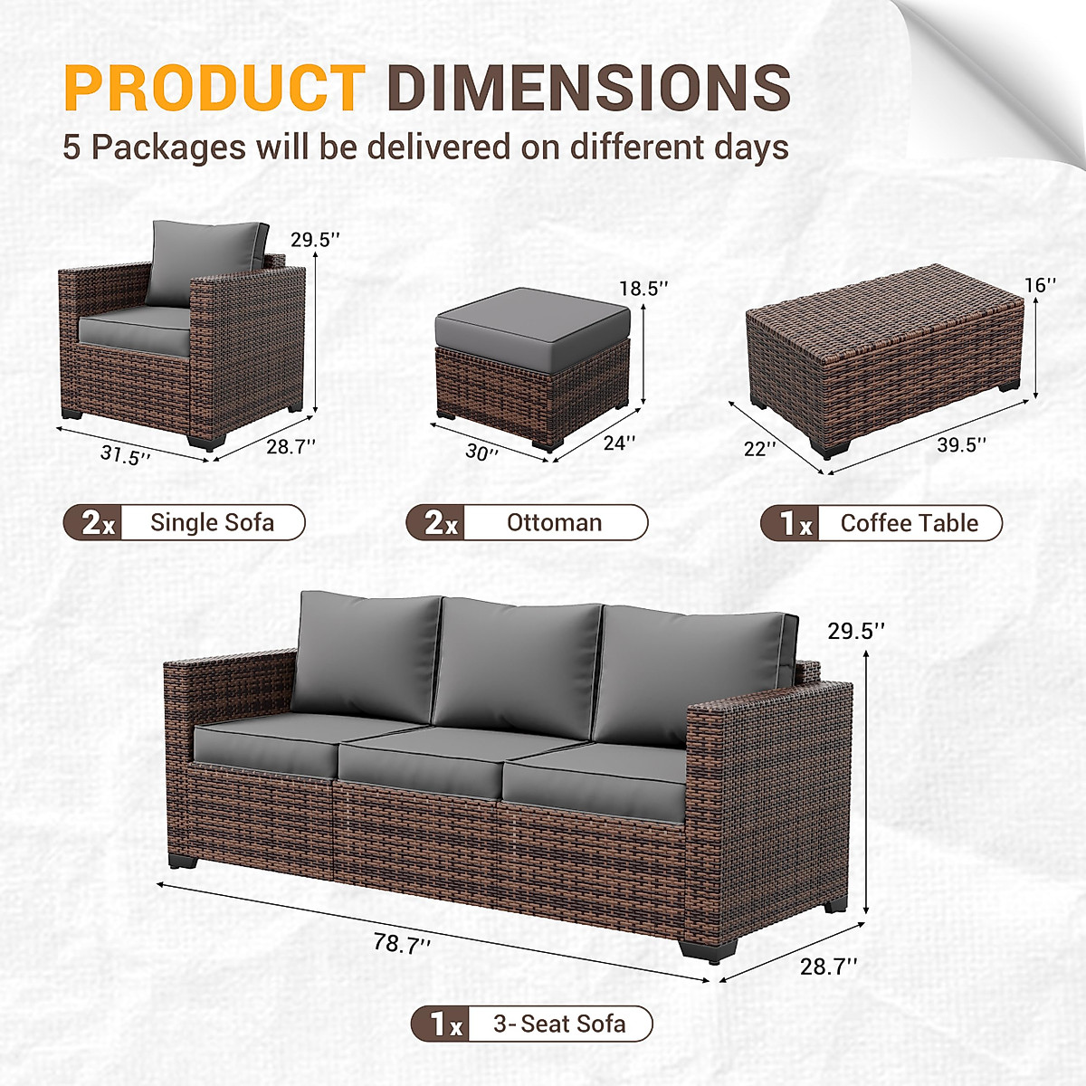 Amopatio Patio Furniture Set, Outdoor Patio Furniture Wicker Rattan Sofa, Outdoor Sectional with Ottomans, Patio Set for Backyard Porch Balcony Furniture (Grey)