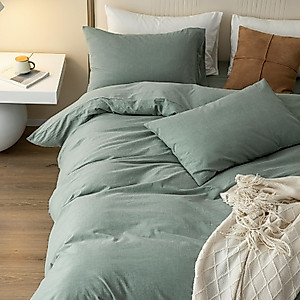 JIYUAN 100% Washed Cotton Duvet Cover Set Comfy Simple Style Soft Breathable Textured Durable Linen Feel Bedding for All Seasons Queen, Green