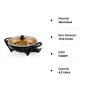 OVENTE Electric Wok with Nonstick Coating, 13 Inch Family-Sized Skillet, 1400W Power, Adjustable Temperature, Tempered Glass Lid, Cool Touch Handles and Easy to Clean Frying Surface, Copper SK3113CO