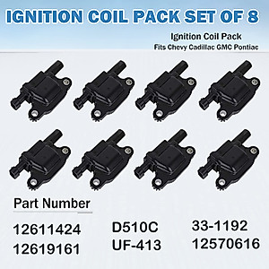 12611424 Ignition Coil Pack Compatible with Chevy Cadillac GMC Pontiac 5.3L 6.0L V8 Engine G8 Grand Prix H3 Silverado Tahoe Yukon Impala - Replace # 12570616 D510C UF413, set of 8 Ignition Coil