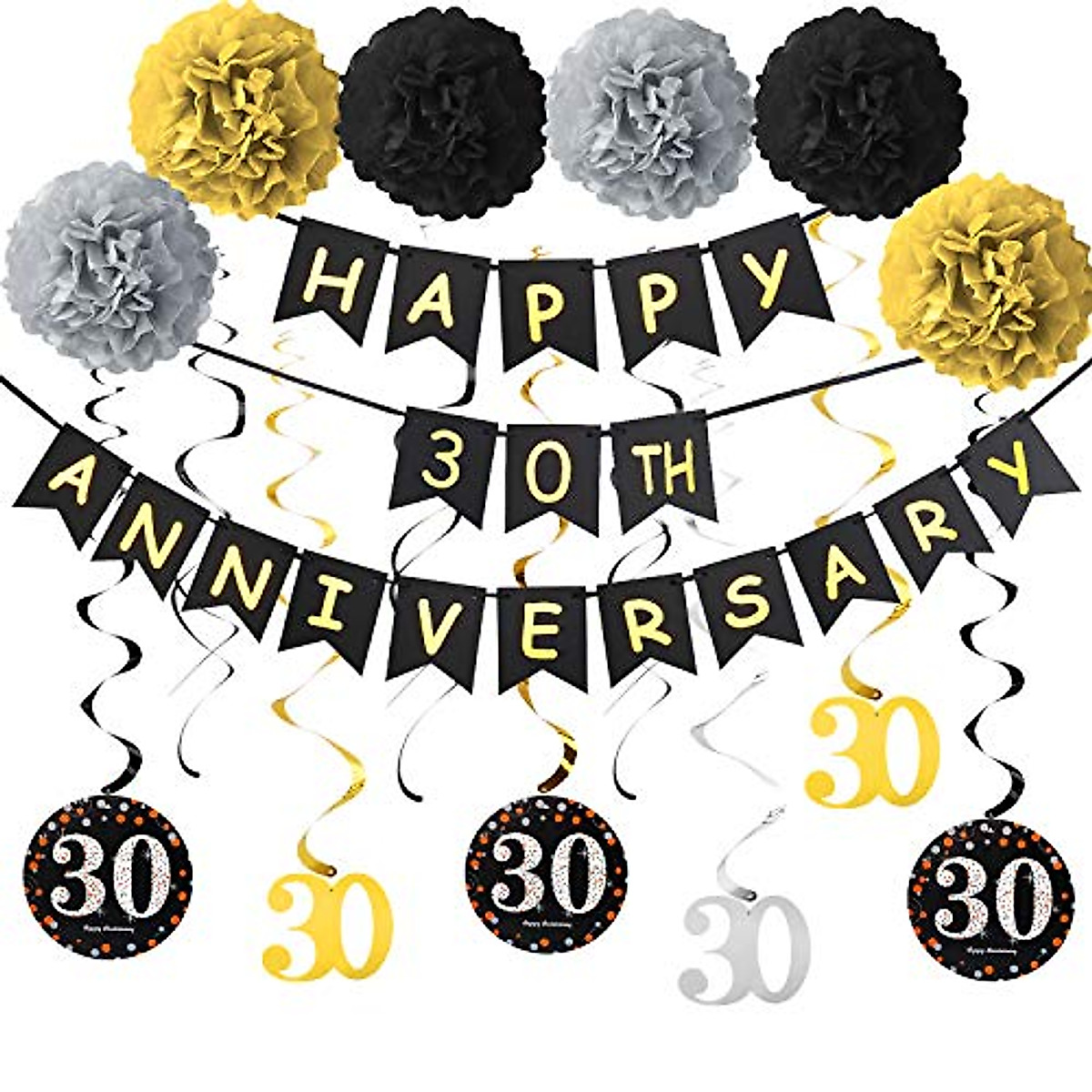 Yoaokiy 30th Anniversary Party Decorations Kit, 30th Wedding Anniversary Decorations Supplies, Including Gold Happy 30th Anniversary Banner / 9Pcs Hanging Swirl / 6Pcs Poms