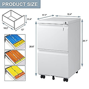 HOMEER 2 Drawer Mobile File Cabinet with Lock and Wheel,Anti-tilt Design Metal Vertical Filing Cabinet,Rolling Desk Filing Cabinet fits Letter/Legal Size for Home Office(White)