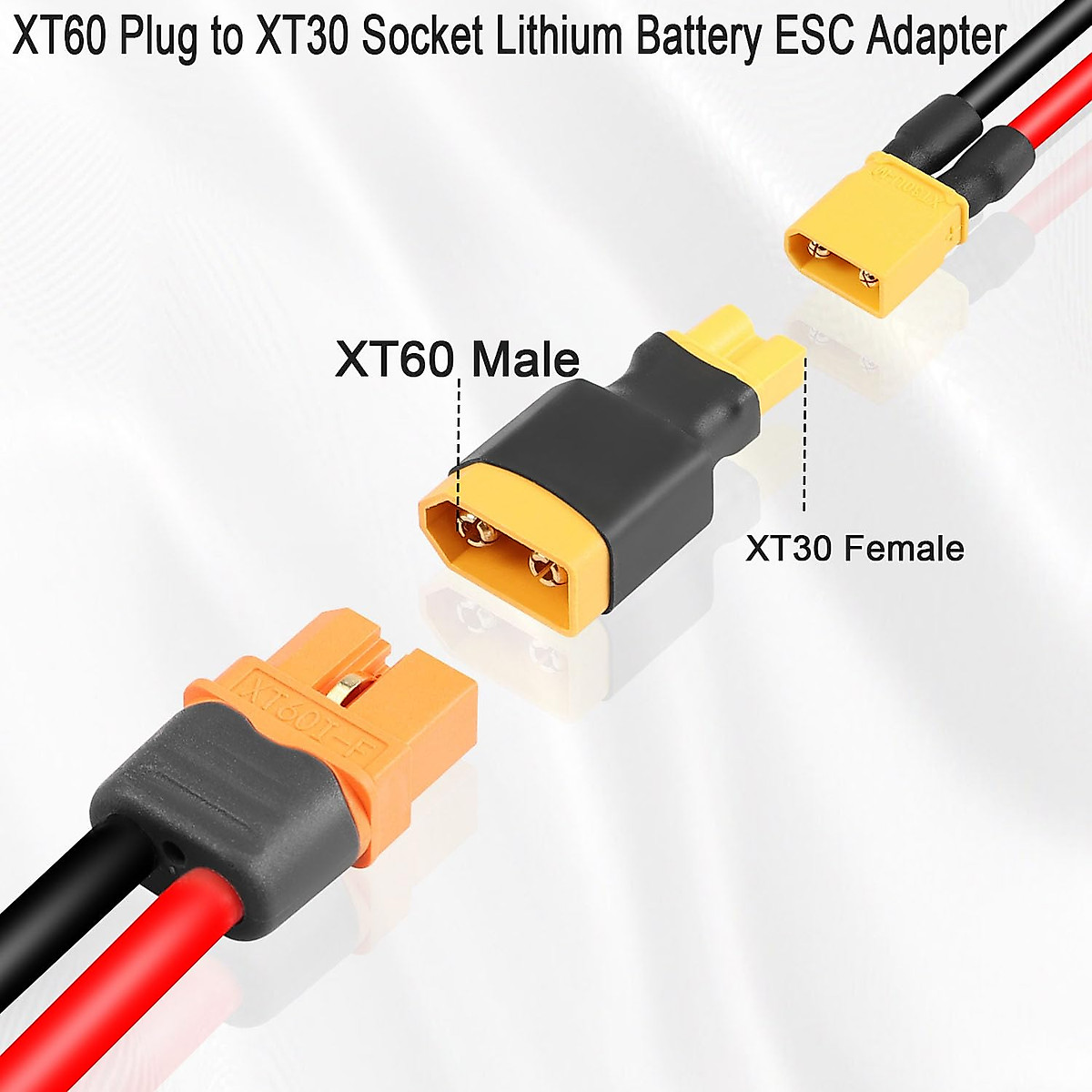 QIANRENON XT30 Female to XT60 Male RC Battery Charging Conversion Connector XT60 Plug to XT30 Socket Lithium Battery ESC Adapter, for Model Airplane Drone RC Car Toy Quadcopter, 2 Pcs