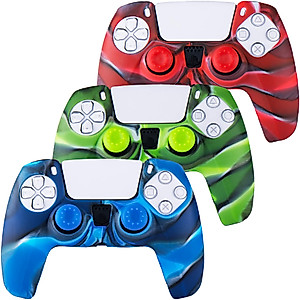 YoRHa Silicone Rubber Gel Customizing Skin Cover for PS5 Controller(Camouflage Red Blue Green) x 3 With Thumb Grips x 6