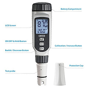 Dr.meter pH Meter, Upgraded 0.01 Resolution High Accuracy PH Tester with Backlit Two-Color LCD Display and ATC, 0-14pH Measurement Range with Data Hold Function Digital pH Tester Pen-PH838
