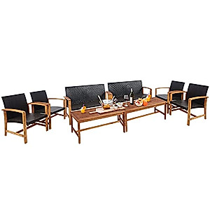 Tangkula 8-Piece PE Rattan Patio Furniture Set, Outdoor Conversation Set with Solid Acacia Wood, Outdoor Bistro Set with 1 Coffee Table, 1 Loveseat and 2 Chairs for Poolside, Backyard and Deck