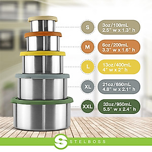 Stelboss Stainless Steel Containers with Lids Set of 5 - Reusable Airtight Stainless Steel Lunch Container - Leak Proof with 5 Sizes 32oz, 21oz, 13oz, 6oz & 3oz - Perfect for Meal Prep and Storage