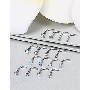 Vsnnsns 18G Opal Nose rings L Shaped Nose Studs Surgical Stainless Steel 1.5mm 2mm 2.5mm 3mm CZ Nose Rings Studs Silver Nose Rings for Women Men Girl Nose Nostrial Piercing Jewerly CZ Opal 2MM 16Pcs