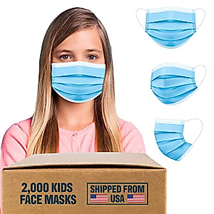 2000 Kids Disposable Face Masks, Bulk Face masks (40 Boxes, 50pcs/Box), Non Woven Thick 3-Layers Breathable Facial Masks with Adjustable