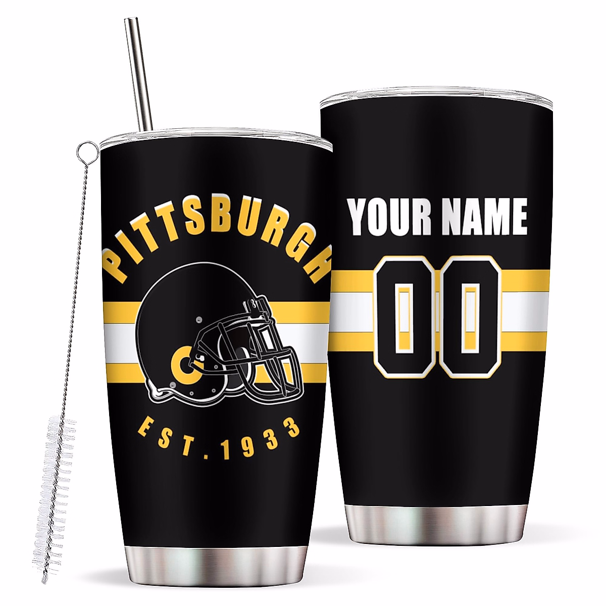 Custom Pittsburgh Tumbler 20oz Stainless Steel with Lid & Straw Personalized Football Fans Gifts for Women Men Coffee Travel Mug Cup Add Name Number