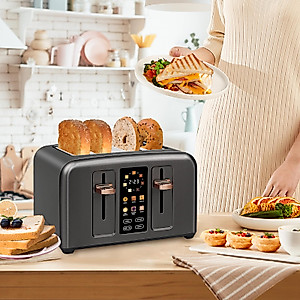 SEEDEEM Toaster 4 Slice, Full Touch control Toaster, LCD Display, 6 Bread Type, 7 Shade Settings, 1.4''Wide Slots，More Time Function, Removable Crumb Tray, 1800W, Dark Metallic
