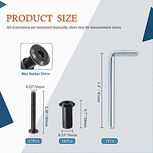 Jersvimc 10 Pair(20 Piece) M6x60mm Hex Drive Socket Cap Bolt with Allen Wrench, Black Furniture Connector Bolts M6 Countersunk Screw Barrel Nuts Binding Screws for Crib Replacement Belt Cabinet