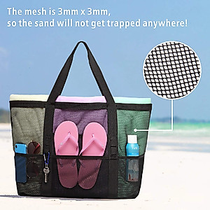 F-color Mesh Beach Bag Family - Beach Tote 9 Pockets Beach Towel Bag, Black