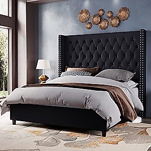 Jocisland 61.4" Tall Bed Frame Queen Size Upholstered Bed Wingback Headborad Velvet Tufted Handmade Pleat Deep Button/No Box Spring Needed/Black