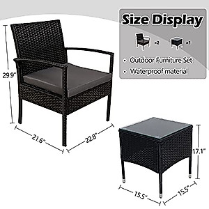 4 pcs Outdoor Patio Furniture Sets, Rattan Sofa Chair Set, Wicker Conversation Set, Poolside Lawn Chairs with Tempered Glass Coffee Table, Porch Balcony Garden Furniture (3PC-Grey Cushion 2)