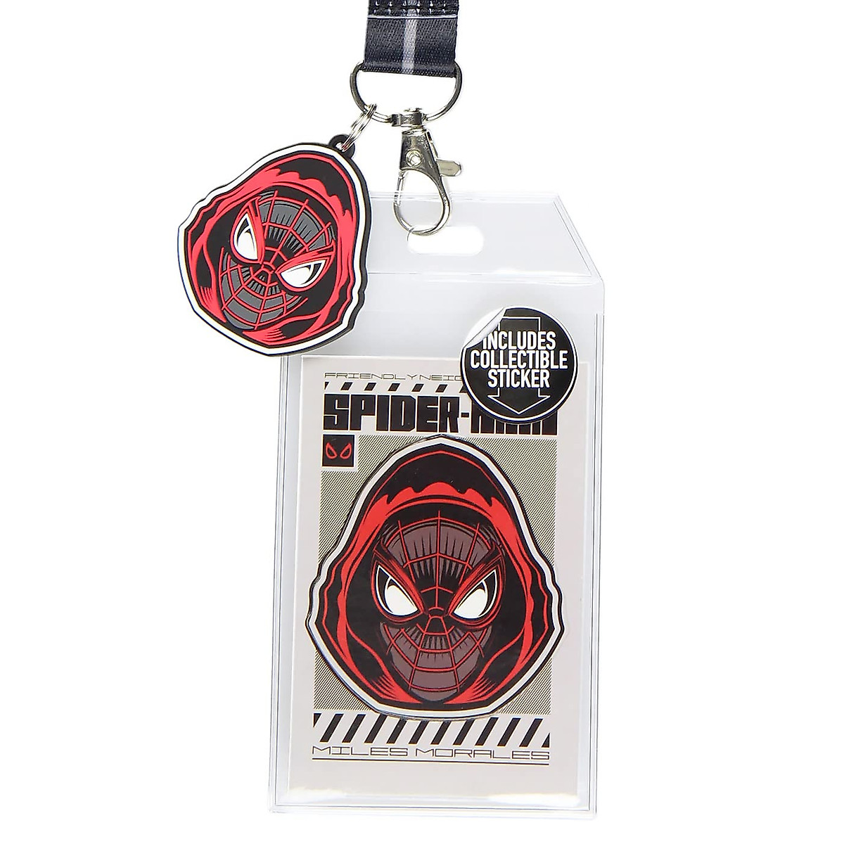 Marvel Spider-Man Miles Morales ID Lanyard Badge Holder with Rubber Charm Pendant and Collectible Sticker