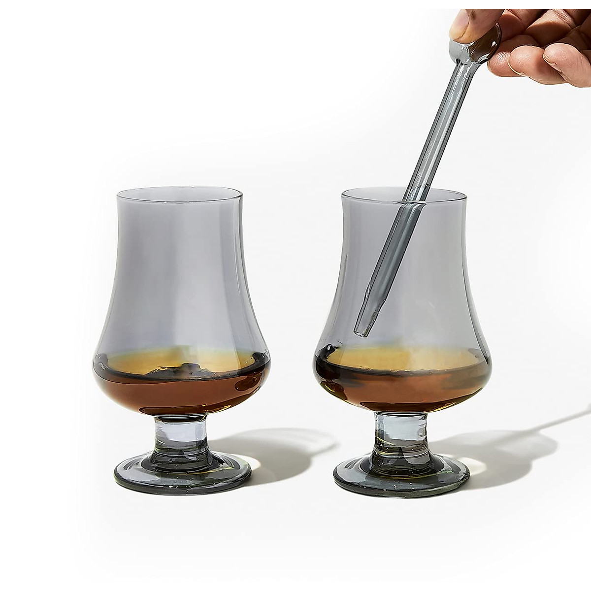 Amehla Handblown Whiskey Tasting Set of 2, 5-ounce Whisky Glasses with Water Dropper Pipette - Snifter for Sipping Bourbon Copita Scotch Glass Set for Nosing and Drinking Spirits