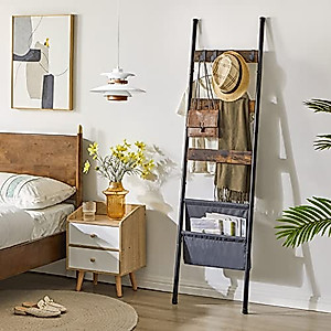 IBUYKE Blanket Rack Towel Rack Holder with Hooks Blanket Ladders Wall Leaning Metal Holder Rack for Living Room,Bathroom,Bedroom Home Decor Rustic Brown TTR001H