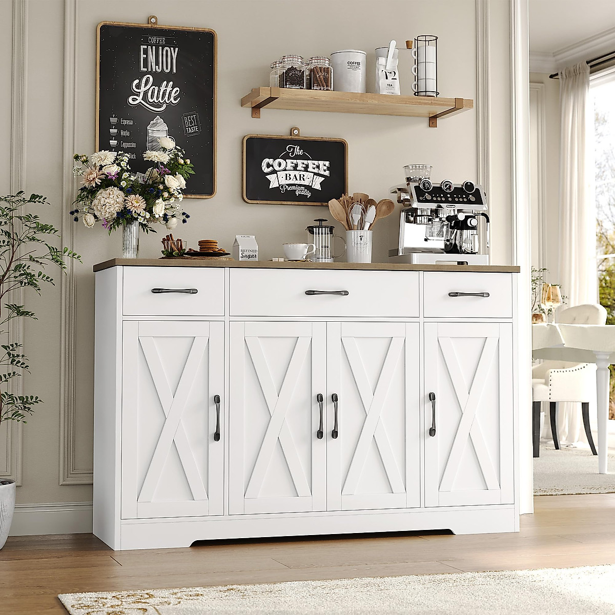 HOSTACK Buffet Cabinet with Drawers, 55" Large Sideboard Buffet Storage Cabinet with Shelves and Doors, Modern Farmhouse Coffee Bar Cabinet Wood Buffet Table for Kitchen, Dining Room, White/Rustic