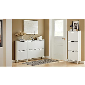 Haotian White Shoe Cabinet Entryway with 3 Flip-Drawers, Narrow Storage Freestanding Shoe Rack, Slim Shoe Organiazer, Hidden Shoe Cupboard, FSR151-H-W