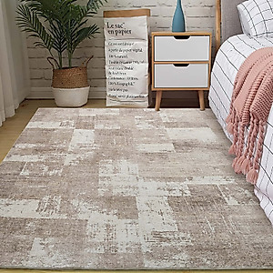 Area Rug Living Room Rugs: 5x7 Indoor Soft Small Low Pile Carpet Abstract Decor Large Washable for Bedroom Dining Room Under Kitchen Table Home Office - Beige/Ivory