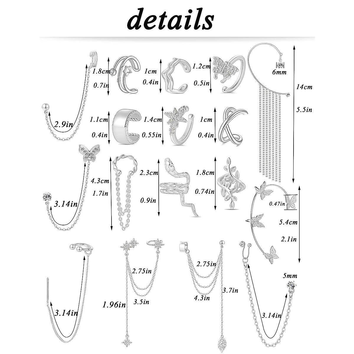 Tornito 17Pcs Ear Cuffs Chain Earrings Snake Butterfly Leaf Non Piercing Clip on Earring Fake Helix Cartilage Earrings Ear Clip Jewelry Silver Tone
