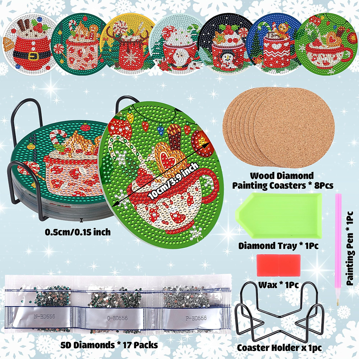 Christmas Diamond Painting Coasters Hot Cocoa Diamond Art Coasters Winter Hot Chocolates 5D DIY Diamond Decorative Coasters with Cork Base Holder for Christmas Winter Holiday DIY Crafts, 8 Pieces