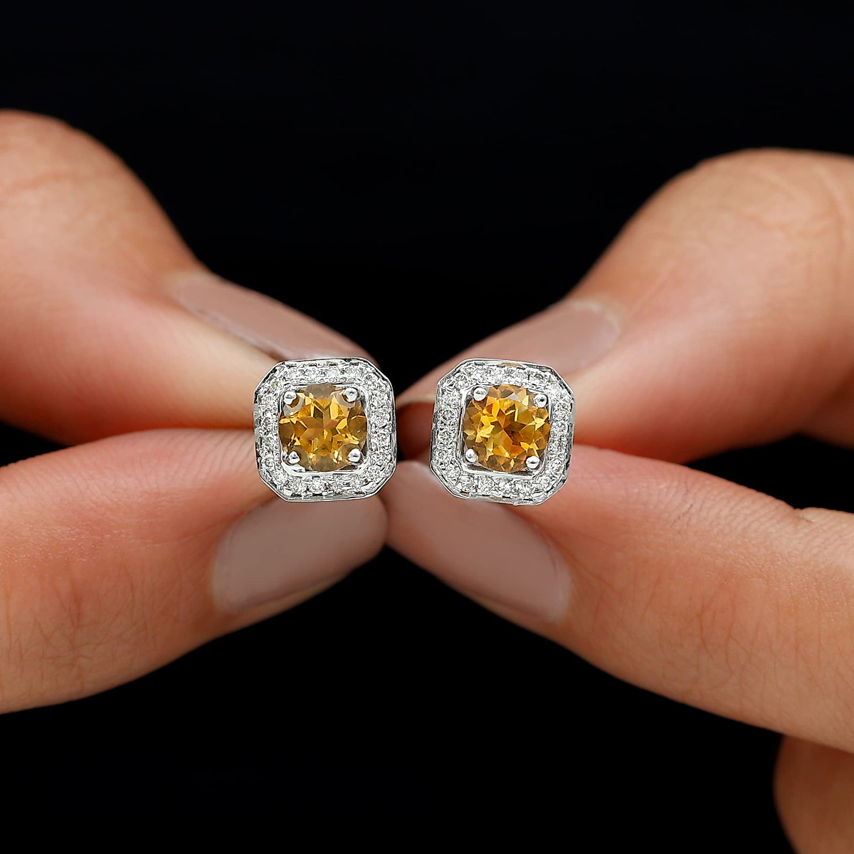 Certified Citrine and Diamond Halo Stud Earrings for Women, 1.25 cttw, Aaa Quality, 14K White Gold