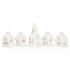 Mark Feldstein & Associates Winter Village with Barn White Unglazed Porcelain Holiday Pre Lit LED Figurines, Set of 11, 5 Inch