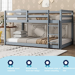 Low Bunk Beds Twin Over Twin Floor Bunk Bed Frame Junior Loft Bed for Kids Boys Girls Teens Wood Twin Bunk Bed with Safety Fences Wood Twin Bunk Bed with Safety Fences, Gray