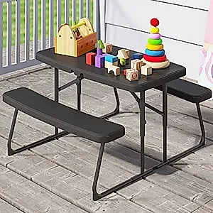 DWVO 37" Picnic Table, Folding Picnic Tables for Outdoors with Weather Resistant Resin Tabletop & Stable Steel Frame for Yard Patio Lawn Party, Black