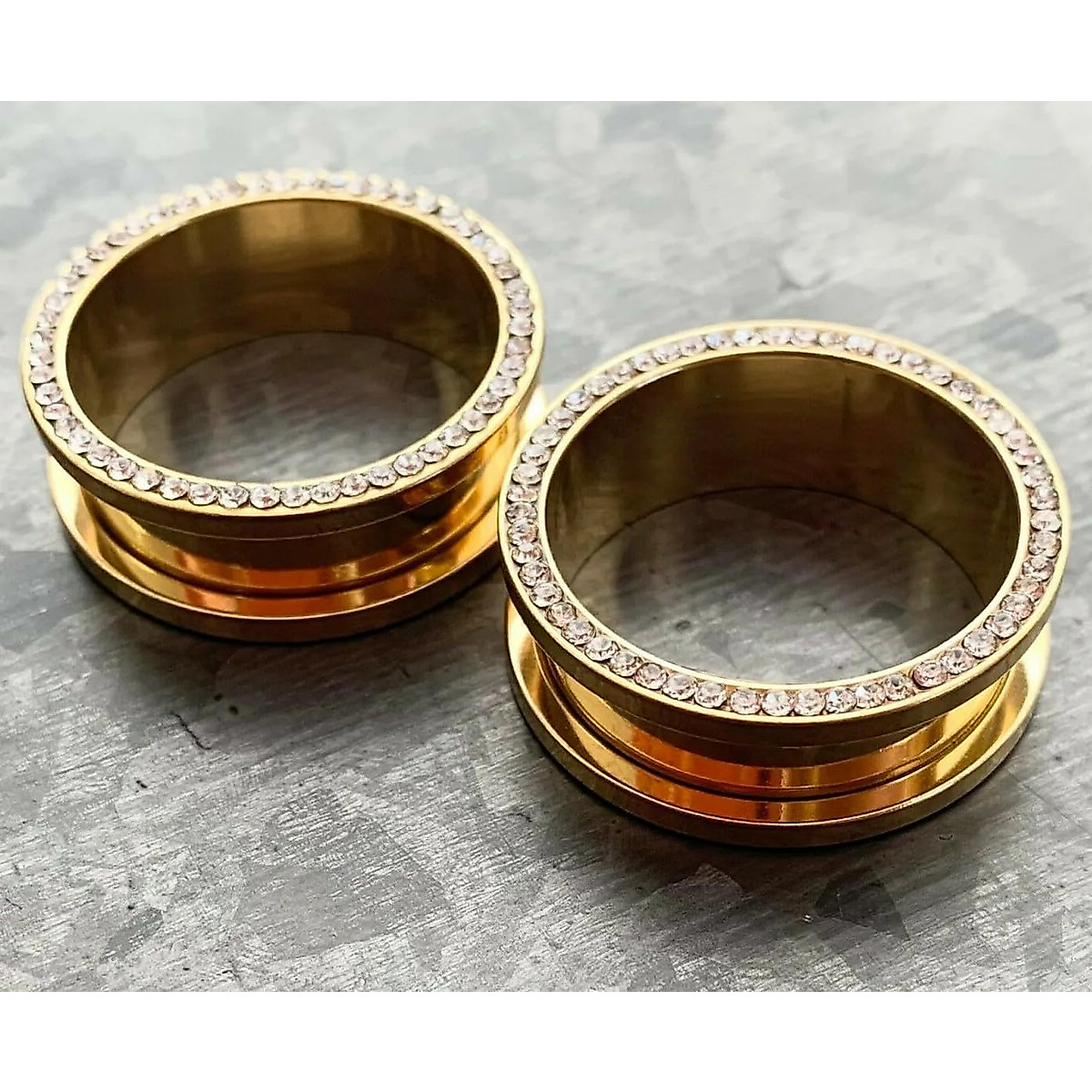 Lobal Domination PAIR of CZ Gem Rimmed Gold Ion Plated Tunnels Plugs Pierced Earlets Gauges (1" (25mm))