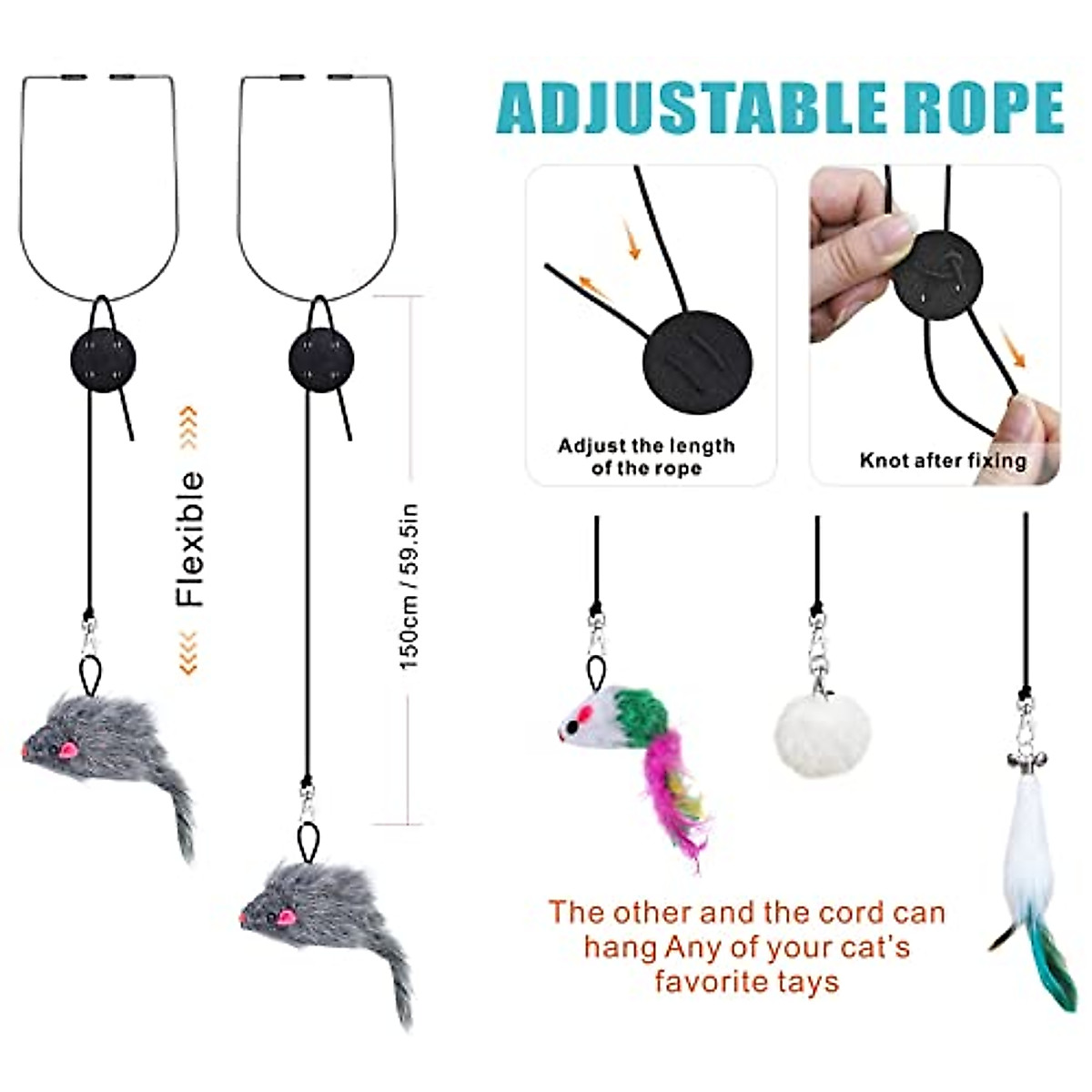 Otunrues Cat Feather Toys, Interactive Cats Toy for Indoor Cats, Hanging Cat Toys Doorway Retractable Cat Teaser Toy 4PCS Replaceable Natural Feathers Refills Play Exercise Puzzle Toys