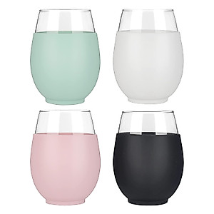 Tronco 20oz Wine Glass with Protective Silicone Sleeve,Reusable Stemless Wine Glasses, Cocktail Glass set，4 Pack