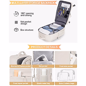 Getravel Travel Backpack For Women, Airline Approved Personal Item Bag, Carry On Backpack,17 Inch Laptop School Backpack, Waterproof Casual Overnight Bag, Hiking Backpack (Beige)