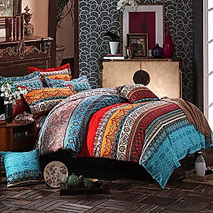 Jingzhang Bohemian Duvet Cover Twin Boho Retro Floral Style Quilt Cover 2Pcs, Colorful Boho Striped Comforter Cover,100% Ultra Microfiber Boho Decor Bedding Set with Zipper Closure and Corner Ties