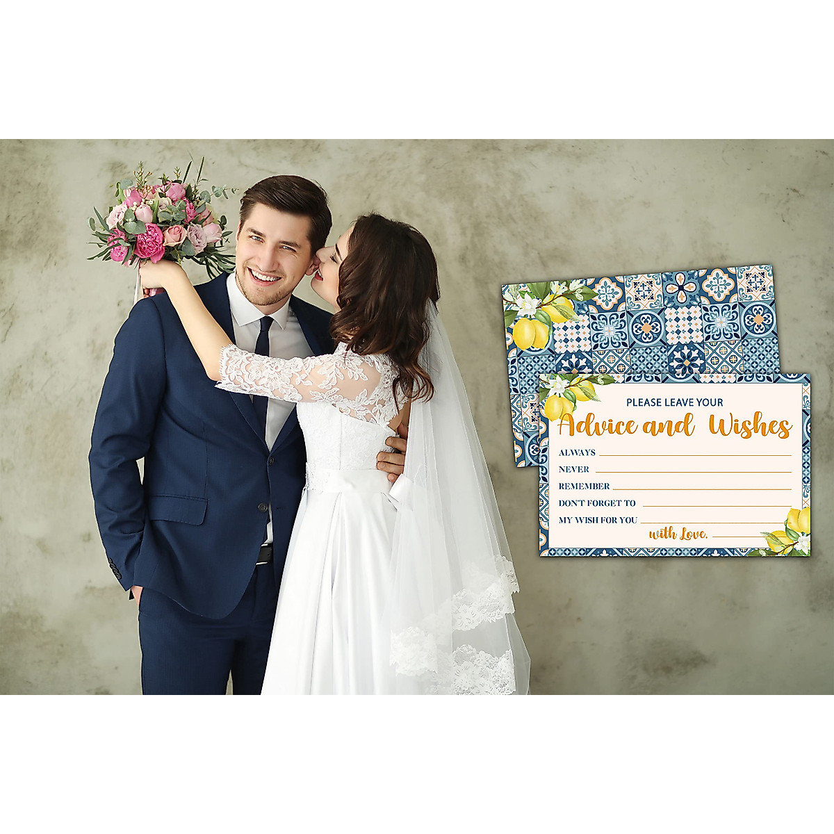 Advice and Wishes Cards, Mediterranean Lemon Bridal Shower Advice & Wishes for the Mr & Mrs, Italian Blue Wedding Reception/Engagement Party Supplies Decorations - 01(25 Pack)