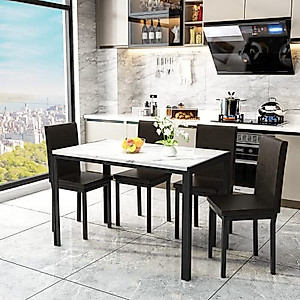 AWQM Dining Table Set for 4, Faux Marble Dining Room Table and Chairs Set, Rectangle Kitchen Table Set with Durable Metal Frame and Upholstered Chairs for Home, Kitchen, Restaurant, Apartroom - White