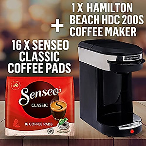 Senseo Hamilton Beach Commercial Deluxe Coffeemaker 1 Cup Coffee Brewer and 16 Coffee Pods Medium Roast Classic Coffee Bags, Black/Stainless Steel Single Hospitality 3-Minute Brew Time, HDC200S