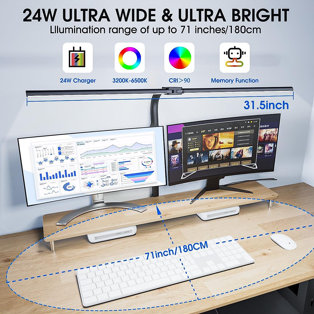 Zrfmib LED Desk Lamp, 24W Double Head Desk Lamp with Clamp, Modern Eye Caring Architect lamp with 5 Color Modes and 5 Dimmable, for Workbench, Monitor, Reading, Home Office