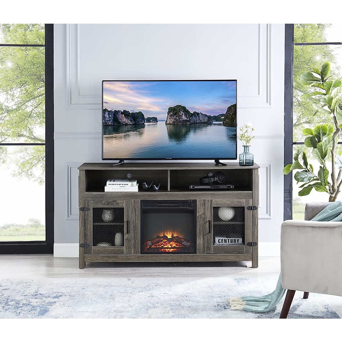 Modern 65" Fireplace TV Stand Farmhouse TV Stand with 23''Electric Fireplace,Storage Cabinet and Adjustable Shelves for Living Room,Bedroom(Grey)